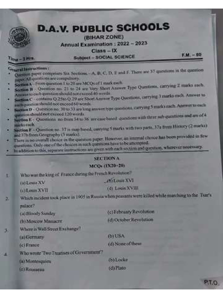 Class 9th Dav School S.Sc. Question Paper of Annual Examination 2022-23... - 0 | PDF