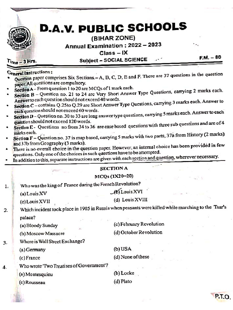 DAV Class 9 SST QP 2022-2023 | PDF