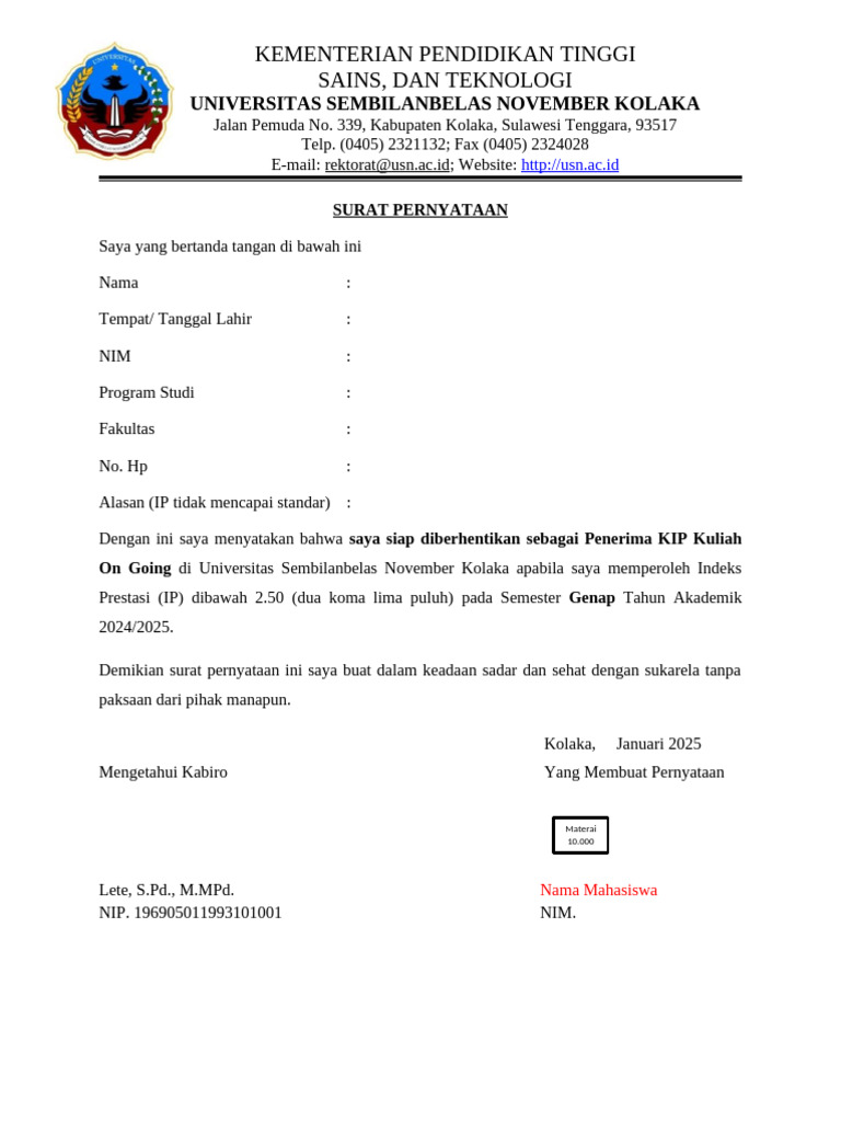 Surat Pernyataan Kip Kuliah | PDF
