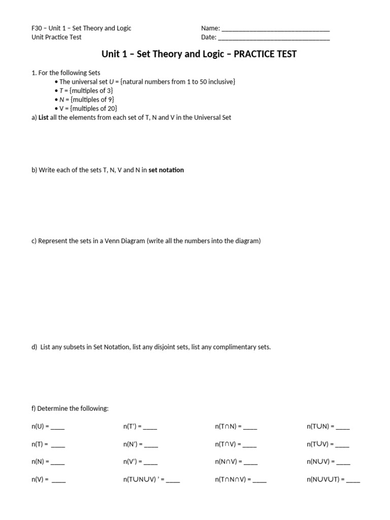 unit-1-practice-test | PDF | Set (Mathematics) | Mathematical Logic