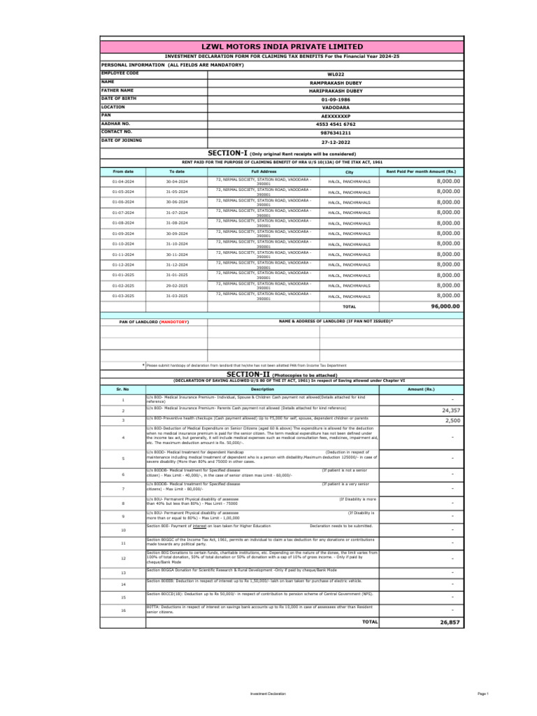 FILLED SAMPLE FORM FY 2024-2025 Investment Declaration Summary | PDF | Loans | Expense