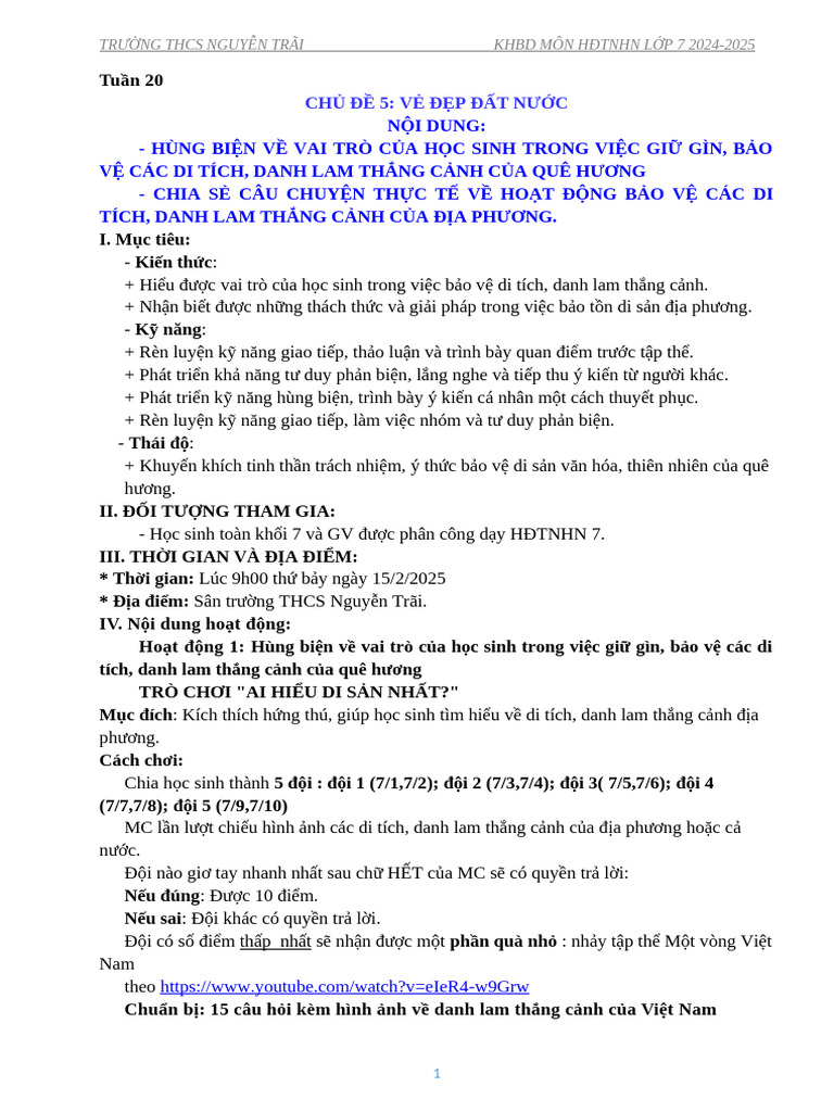 Khbd Hdtn7- Chủ Đề 5 Qmt Tuần 20 | PDF