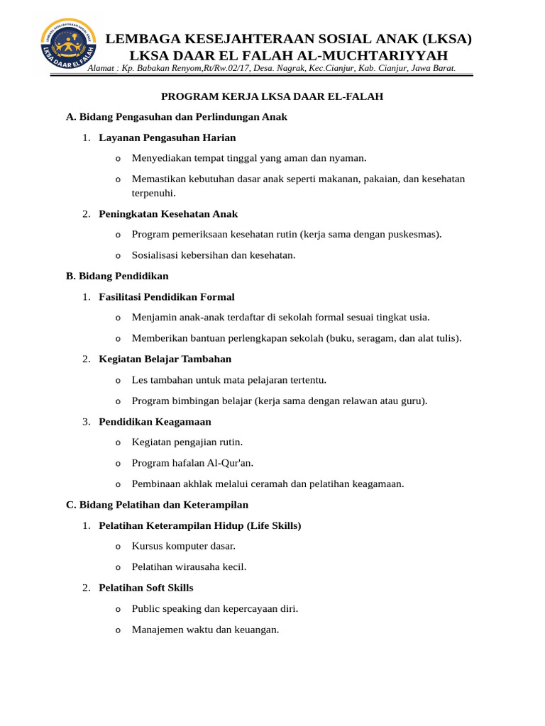 Program Kerja LKSA Daar El-Falah | PDF