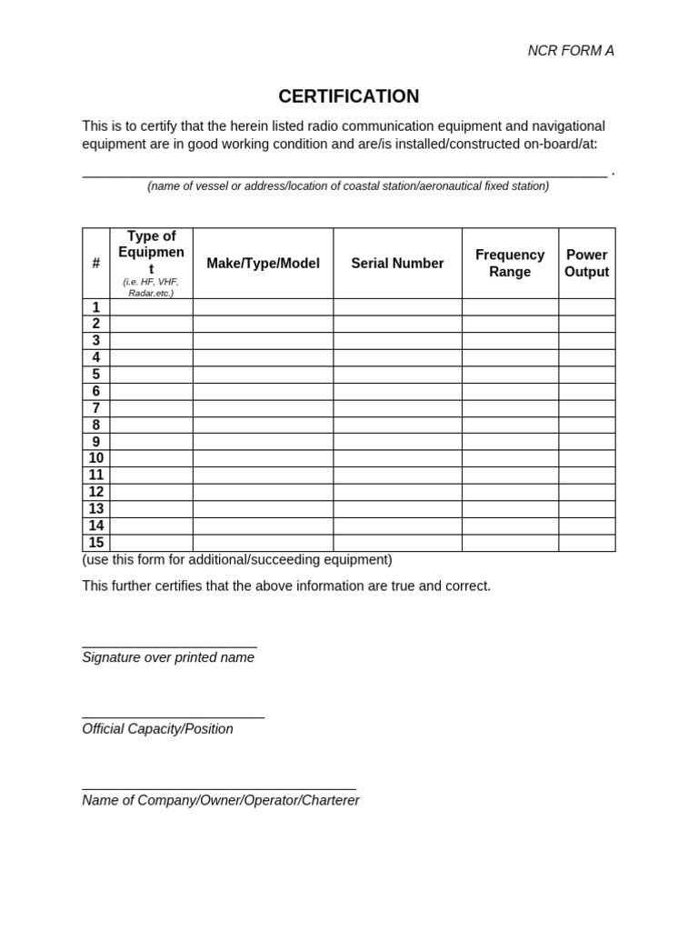 NCR Form A: Equipment Certification | PDF