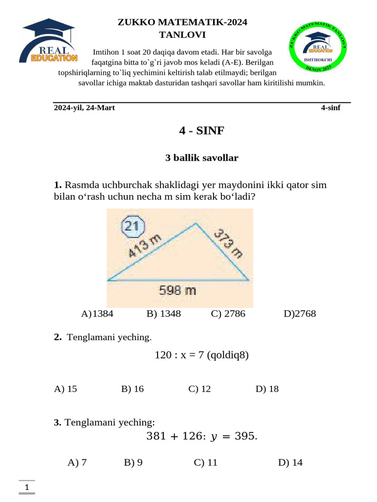 ZUKKO MATEMATIK 4-Sinf 1-Variant | PDF