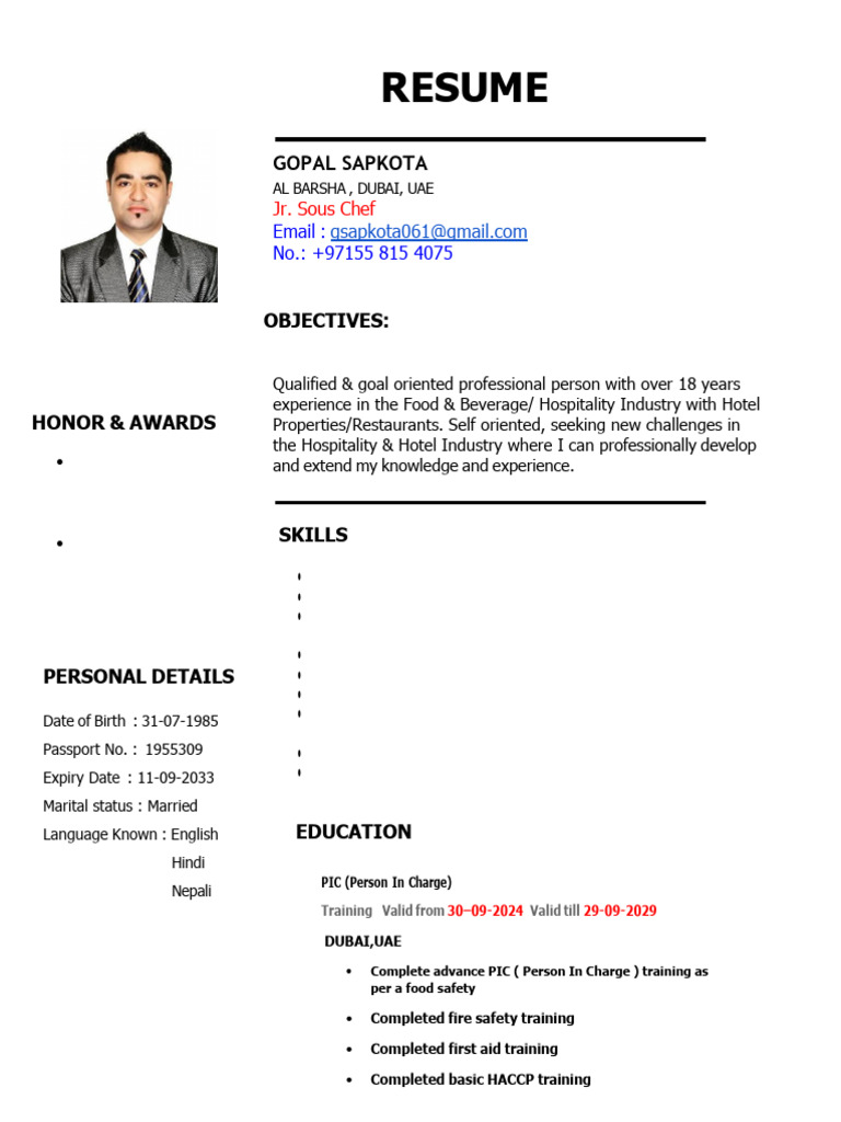 Gopal Sapkota new cv 3 | PDF | Chef | Restaurants