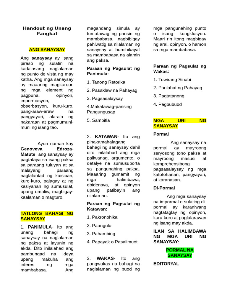 Handout NG Unang Pangkat | PDF