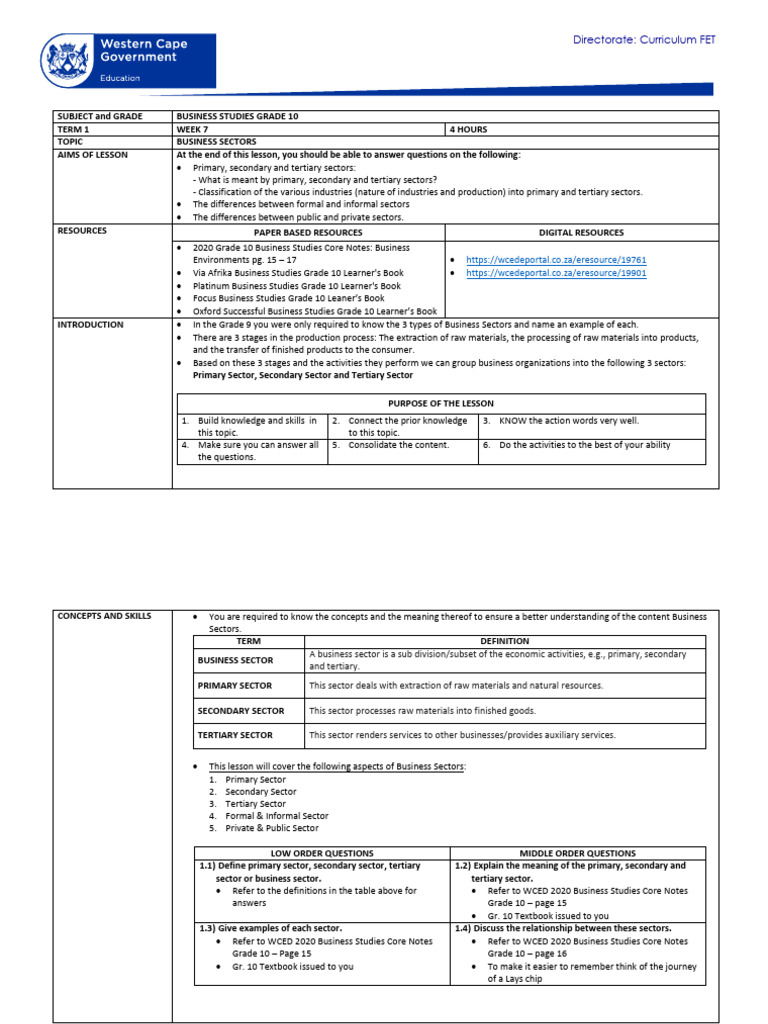 Business Sectors in Grade 10 Studies | PDF | Learning | Curriculum