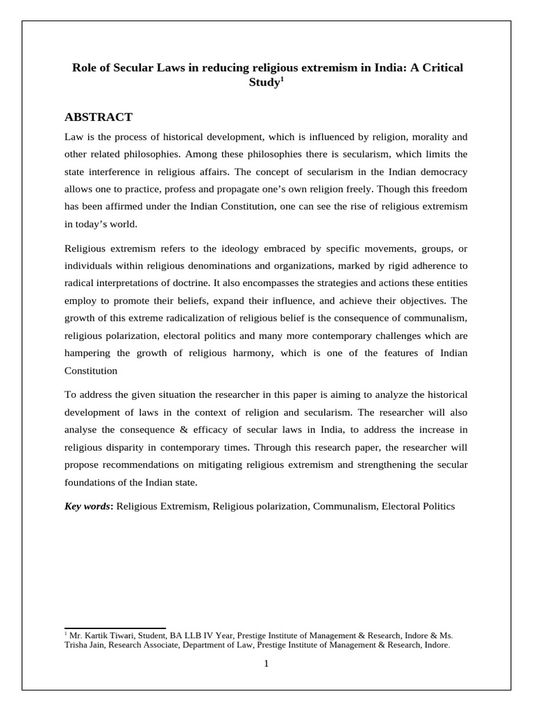 Role of Secular Laws in Reducing the Religion Extimism | PDF ...