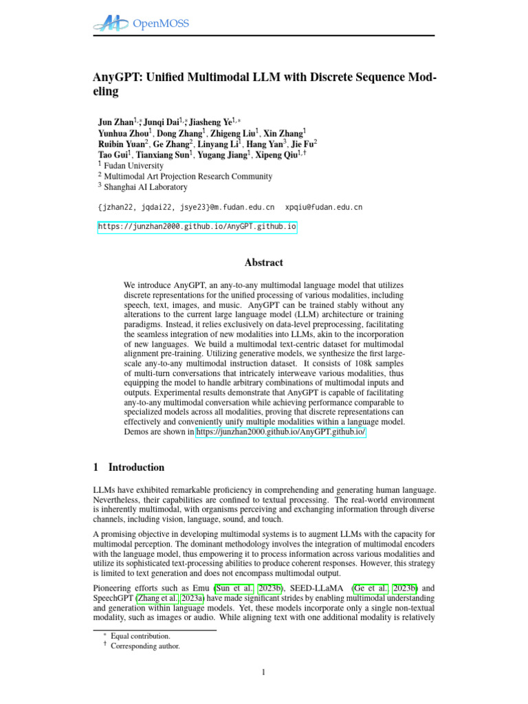 Anygpt Unified Multimodal Llm With Discrete Sequence Modeling Pdf