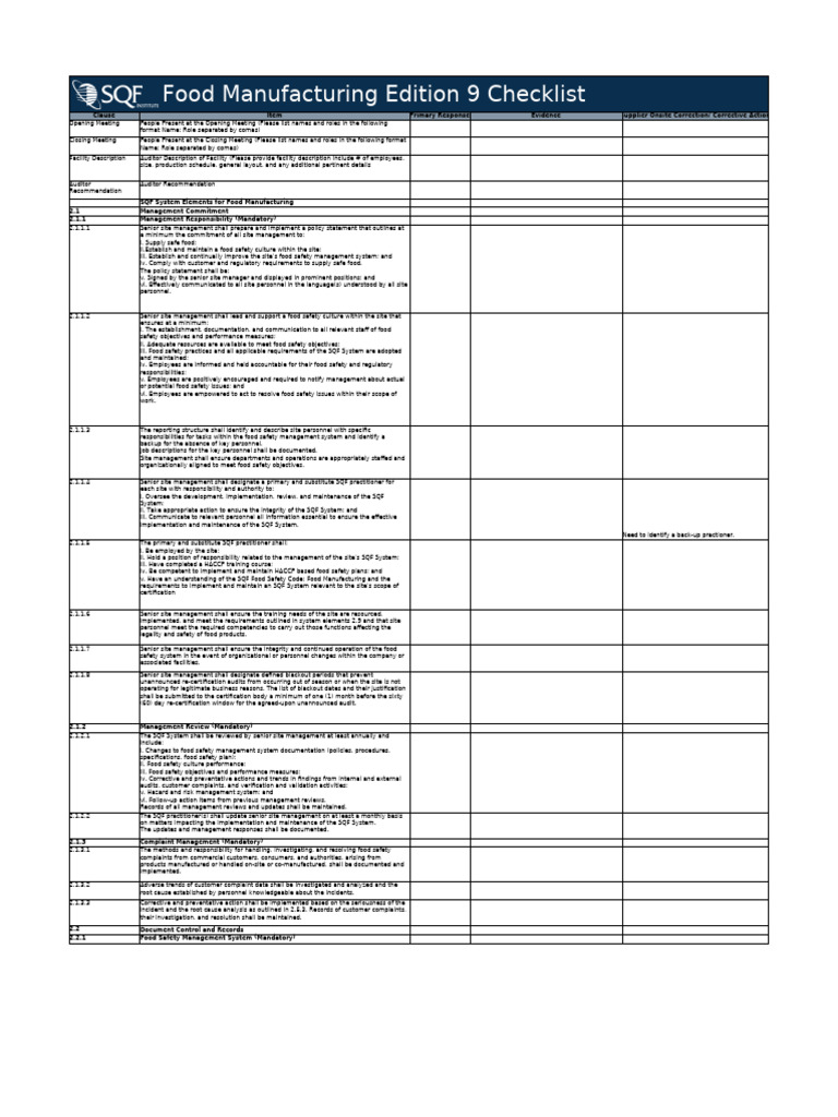 Food Manufacturing Checklist Edition 9 (1) | PDF | Food Safety ...
