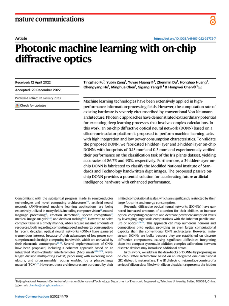 Photonic Machine Learning With On-Chip Diffractive Optics | PDF | Machine Learning | Waves
