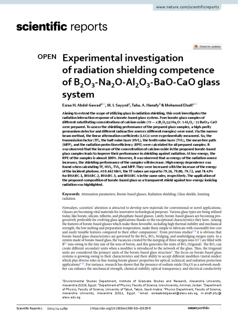 Experimental Investigation of Radiation Shielding Competence of B2O3 Na2 O Al 2O3 BaO CaO Glass ...