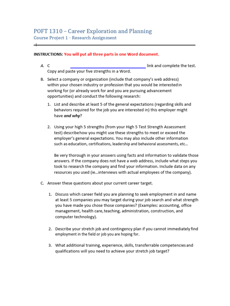 POFT 1310 Career Exploration and Planning: Course Project 1 - Research Assignment | PDF