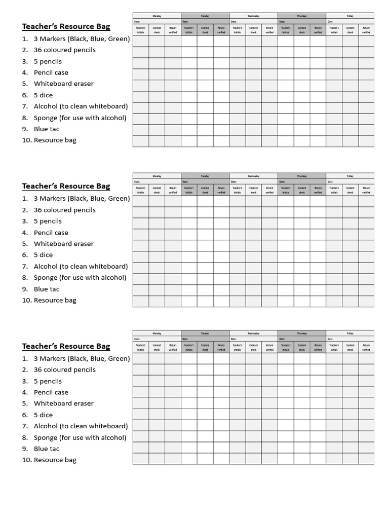 Teacher's Resource Bag Sign Out | PDF