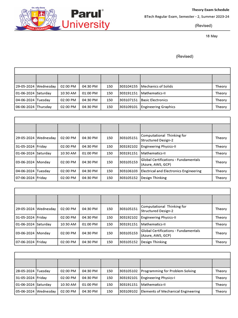 Theory Exam Schedule BTech Regular Exam Semester 2 Summer 2023-24-1 | PDF | Engineering ...