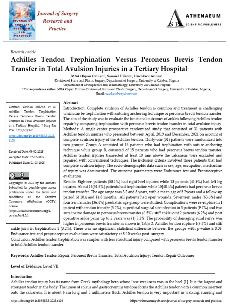 Achilles Tendon Trephination Versus Peroneus Brevis Tendon Transfer in ...