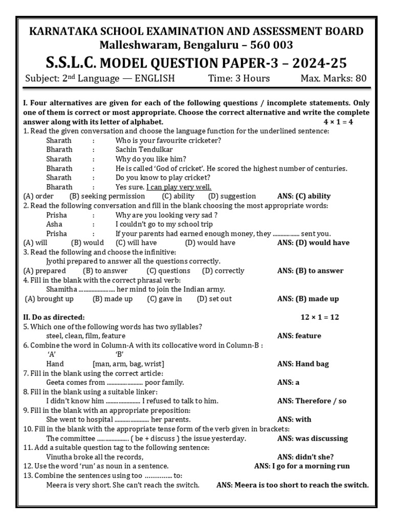 KSEEB Model QP-3 - 2025 - Model Answers | PDF | Physical Fitness