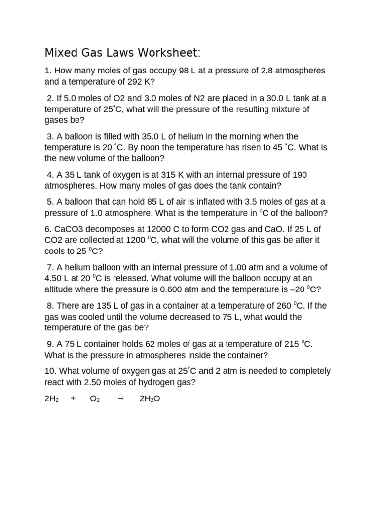 Mixed Gas Laws Worksheet 24 25 | PDF