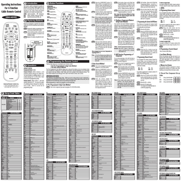 Remote Control Programming Guide | PDF | Remote Control | Videocassette Recorder