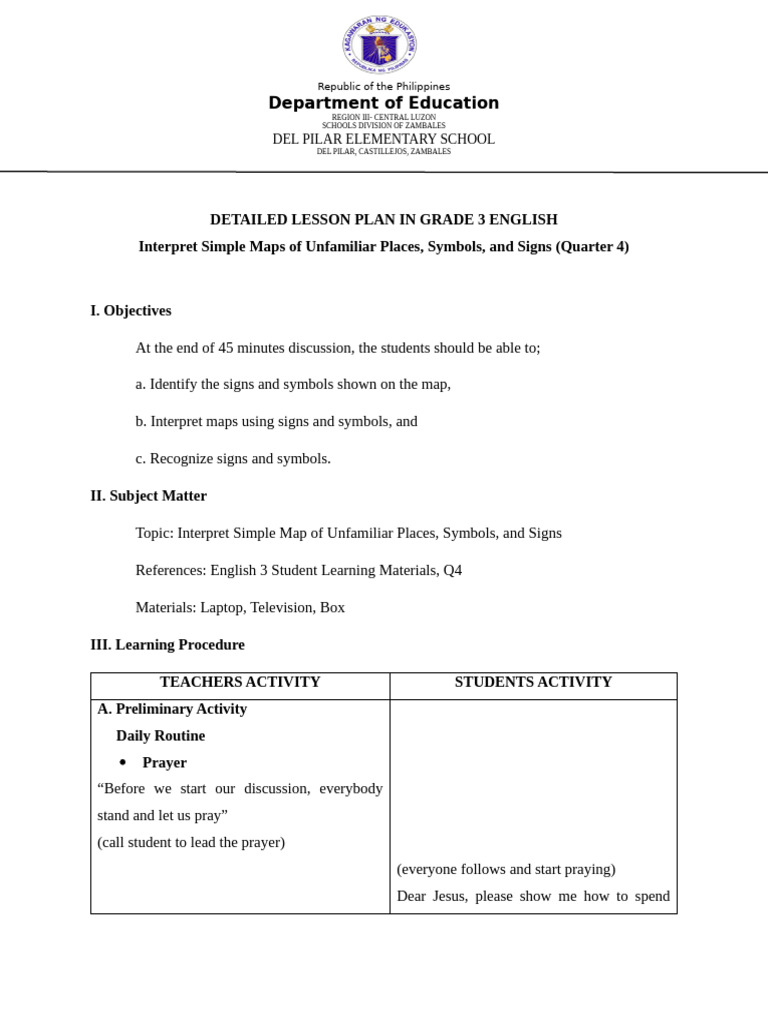Grade 3 English Lesson Plan: Map Interpretation | PDF