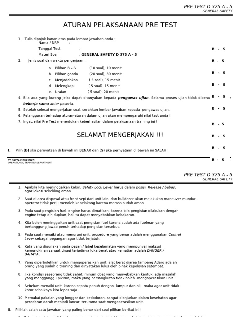 SAFETY (Pre Test) | PDF