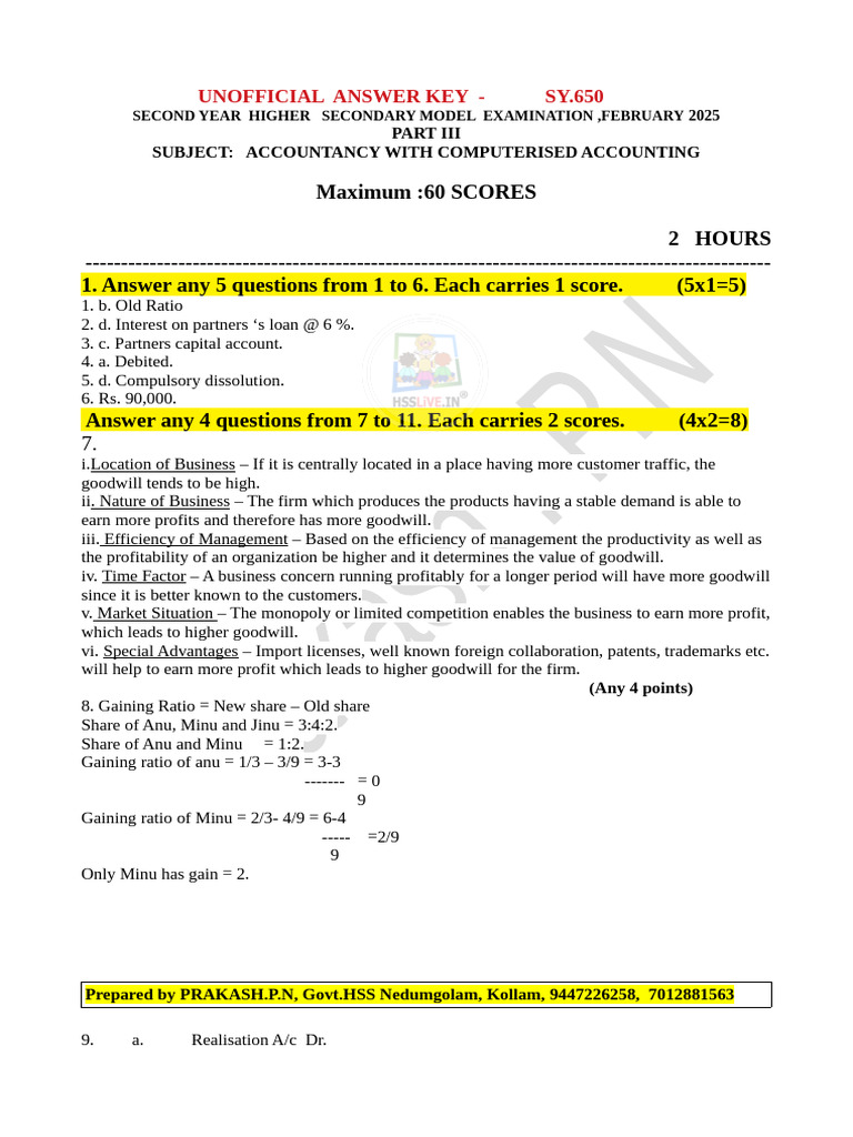 Hsslive Xii Accountancy Key Prakash Model 2025 | PDF | Expense | Databases