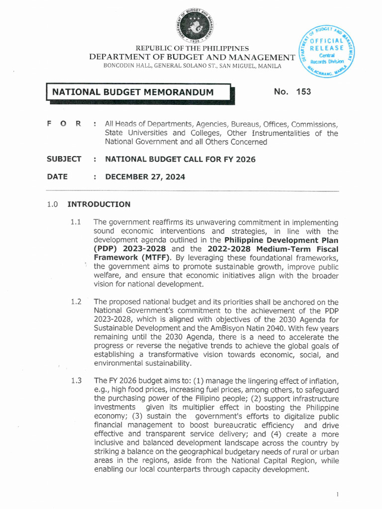 FY 2026 National Budget Memorandum 153 | PDF | Budget | Sustainability