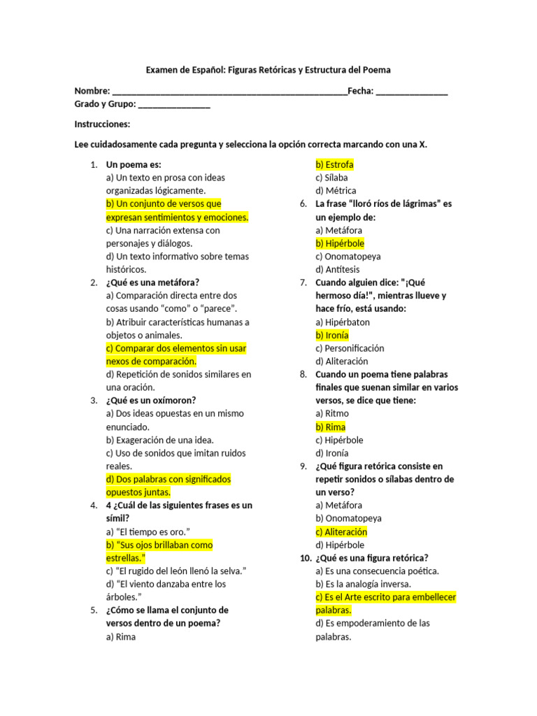 Examen sobre Poemas y Figuras Retóricas | PDF | Metro (poesía) | Poesía