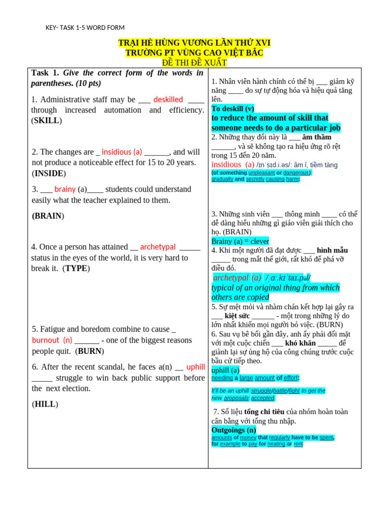 Key - Task 1-5 Word Form | PDF