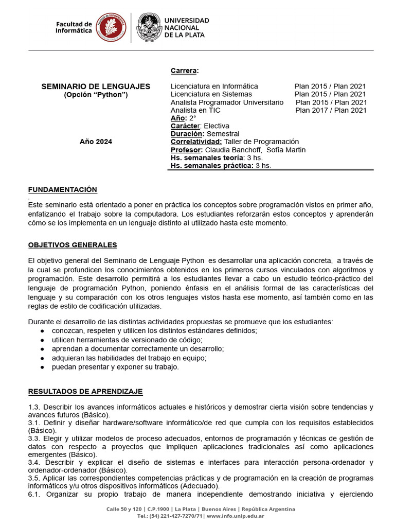 Seminario de Lenguajes Python 2024 Planes Nuevos | PDF | Python (lenguaje de programación ...