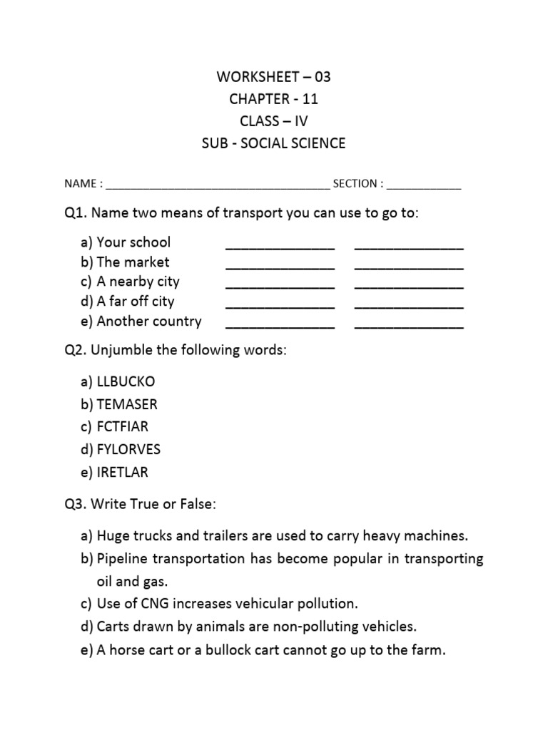 Class 4 Social Science Transport Worksheet | PDF