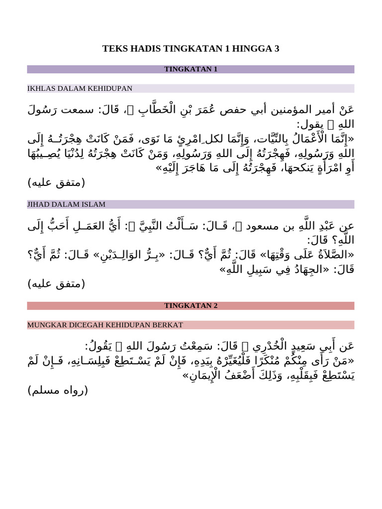 Teks Hadis Tingkatan 1 Hingga 3 | PDF