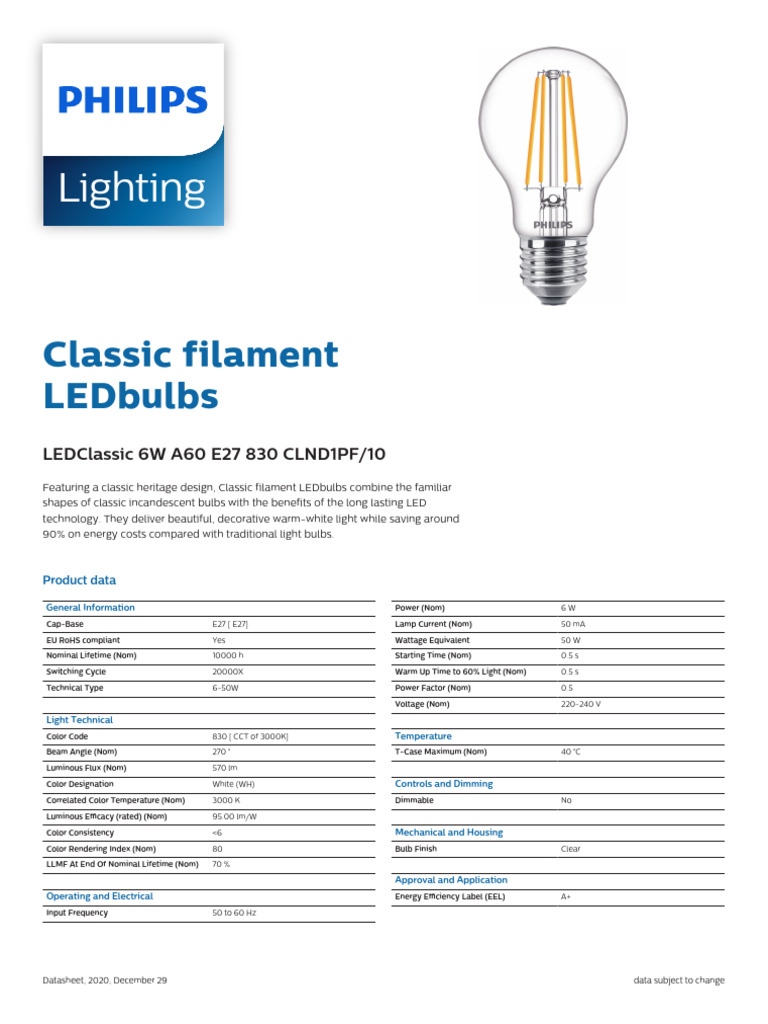 Classic Filament LED Bulb 6W E27 830 | PDF | Incandescent Light Bulb ...