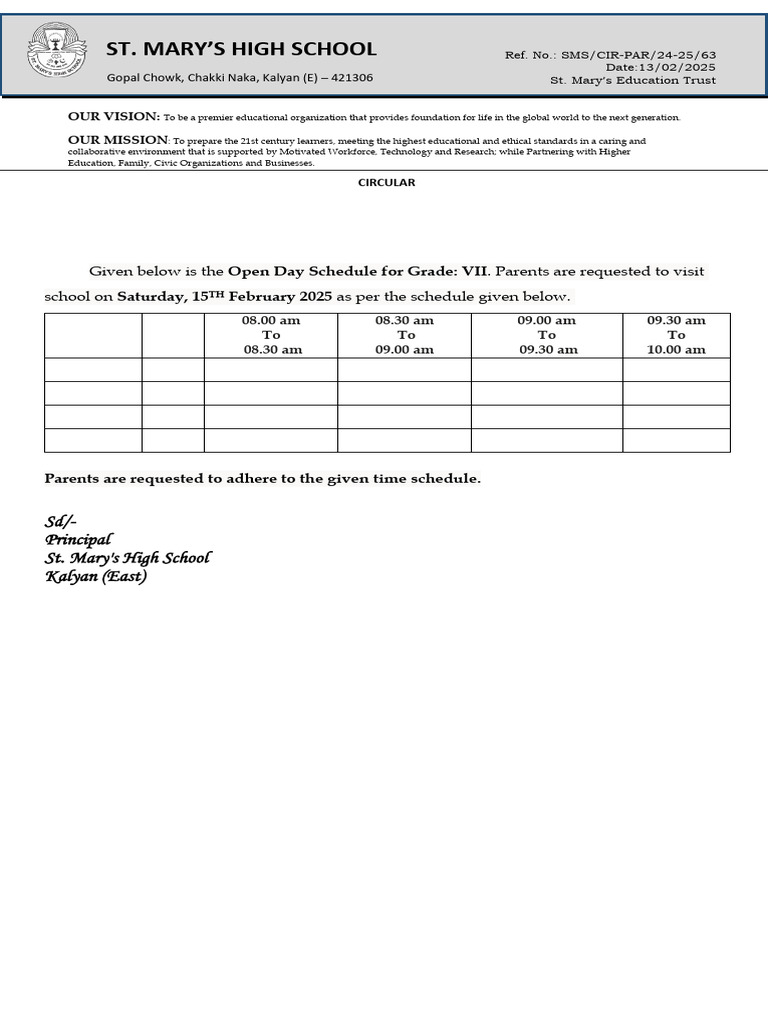 SMS - Circular 62 - Open Day (Grade Vii) | PDF
