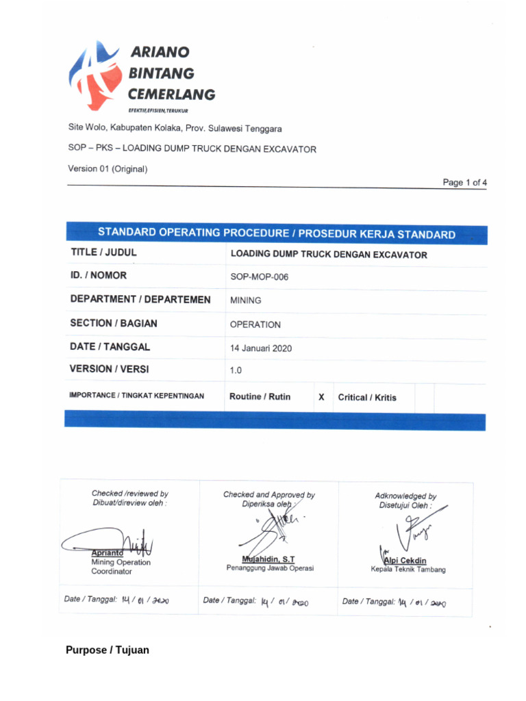 SOP 20. Loading Dump Truck Dengan Excavator | PDF