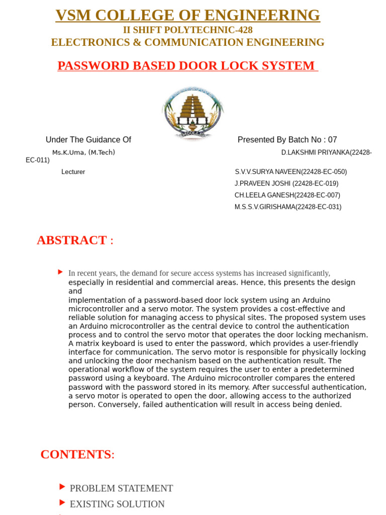 Batch - 7 Password Based Door Lock System | PDF | Arduino | Electrical Engineering