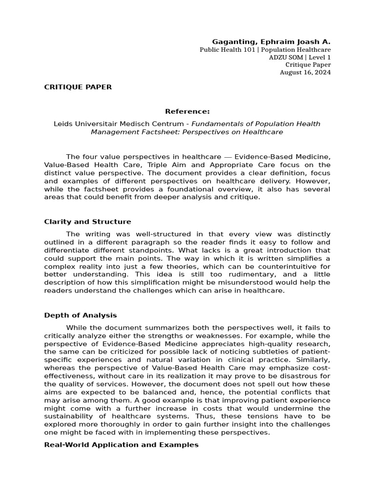 Critique Paper | PDF | Health Care | Health Equity