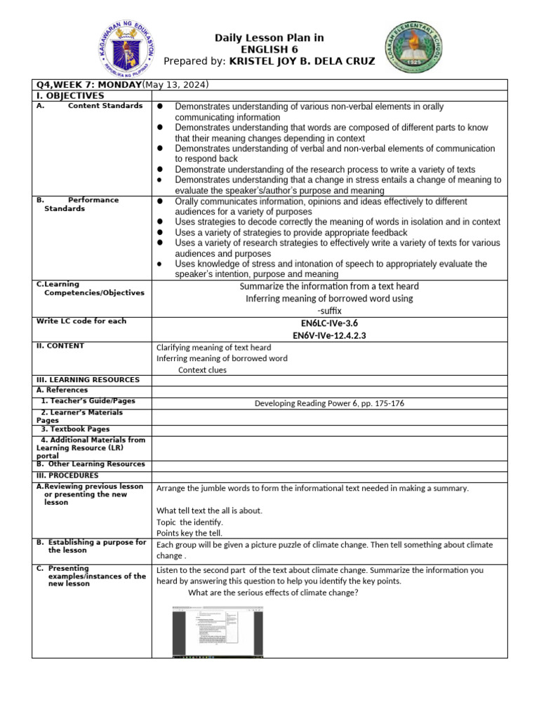 English 6 Daily Lesson Plan Q4W7 | PDF | Nonverbal Communication ...