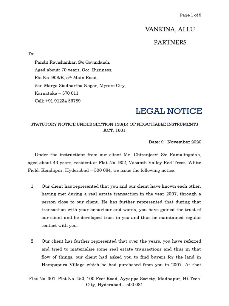 Legal Notice for Cheque Bounce | PDF | Cheque | Banks