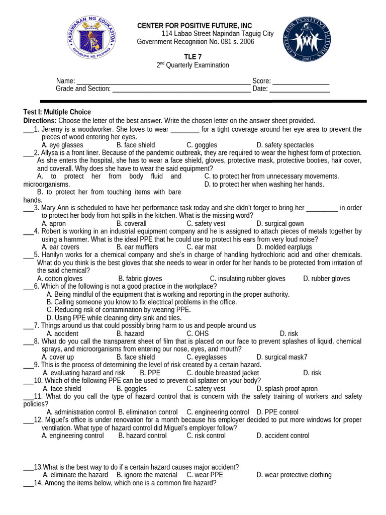 2nd Quarterly Examination g7 | PDF | Personal Protective Equipment | Occupational Safety And Health