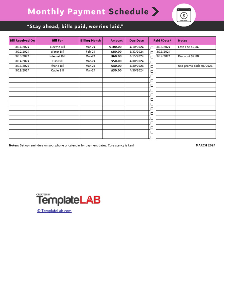 Monthly Payment Schedule Template TemplateLab | PDF