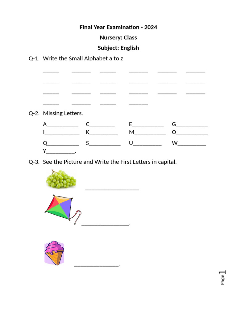 Nursery Final Year Exam 2024 | PDF