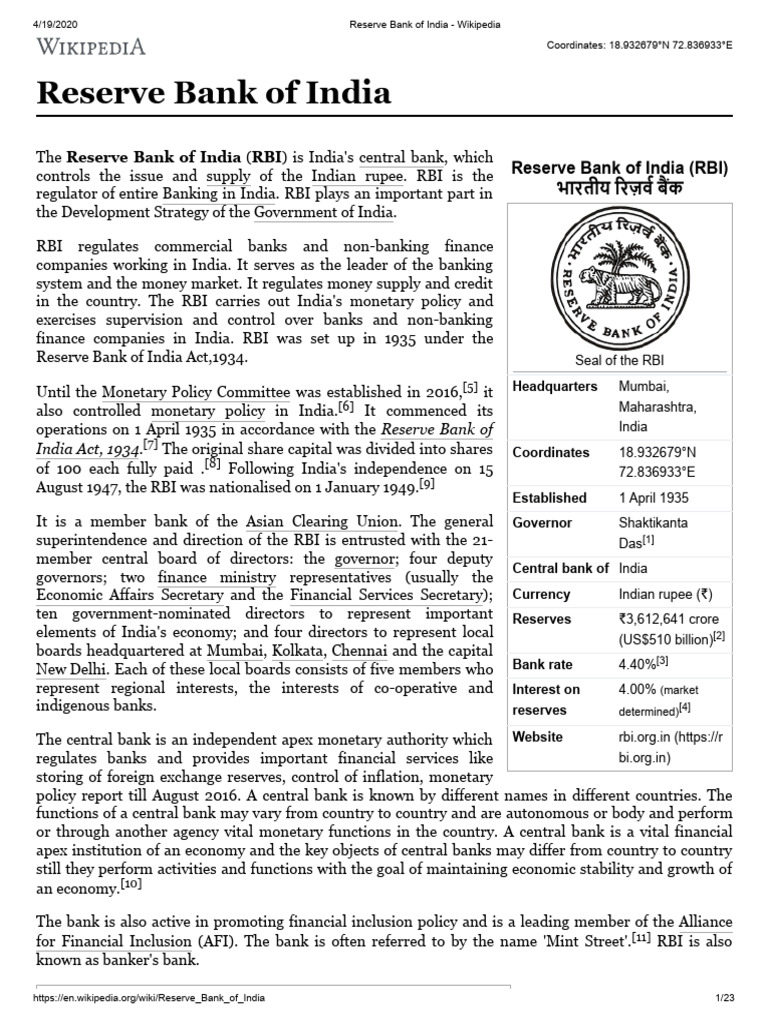 Reserve Bank of India - Wikipedia | PDF | Reserve Bank Of India | Open ...