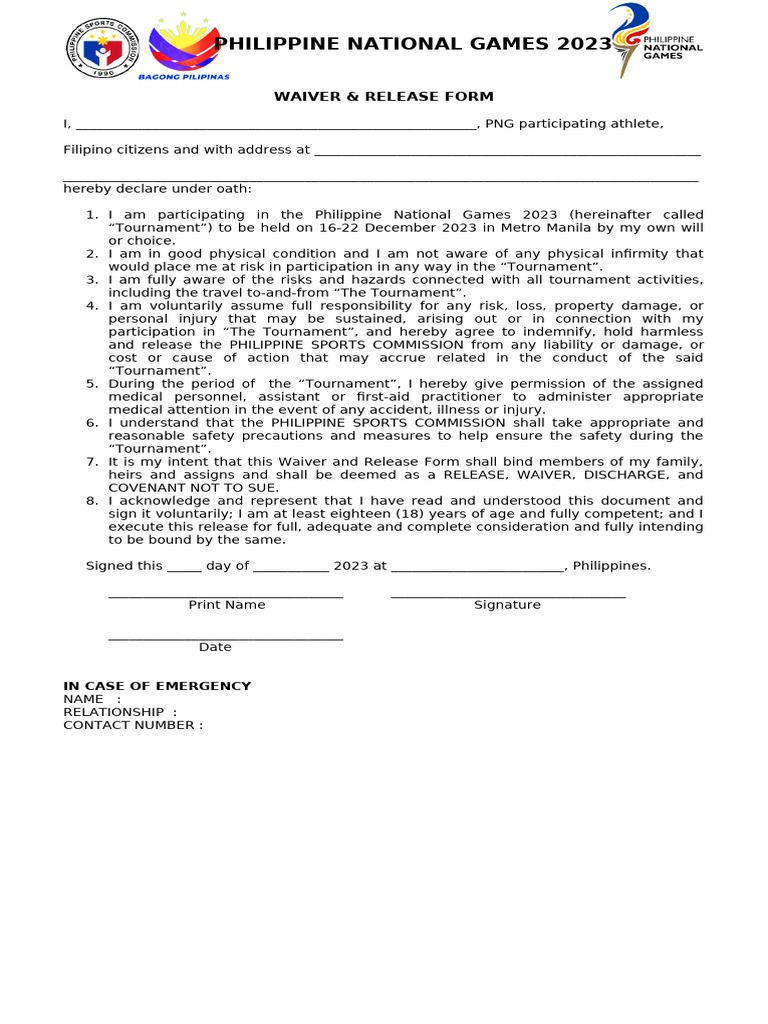 Philippine National Games 2023: Waiver & Release Form | PDF | Indemnity ...