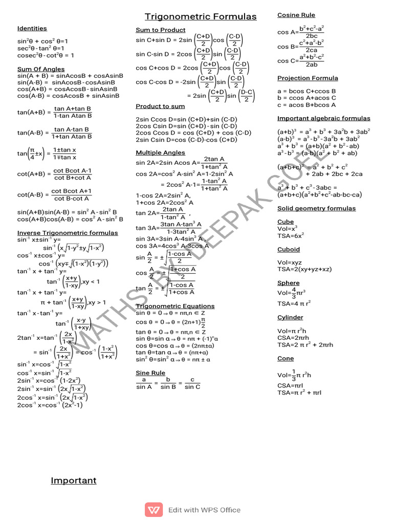Important Trigonometric Formulas12 | PDF