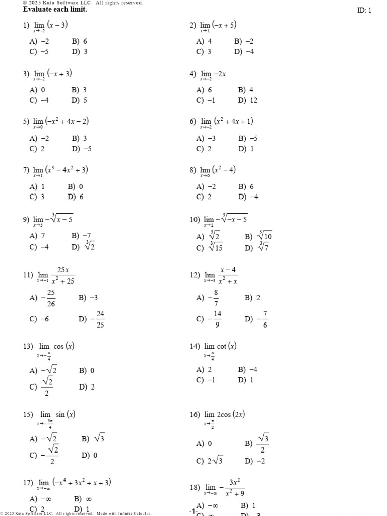 Limit and Continuity Evaluation Worksheet | PDF | Mathematics | Mathematical Analysis