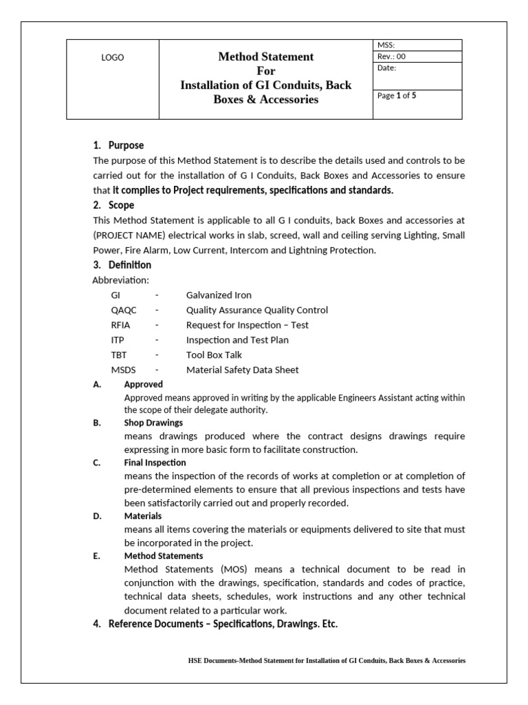 Method Statement For Installation of GI Conduits, Back Boxes ...