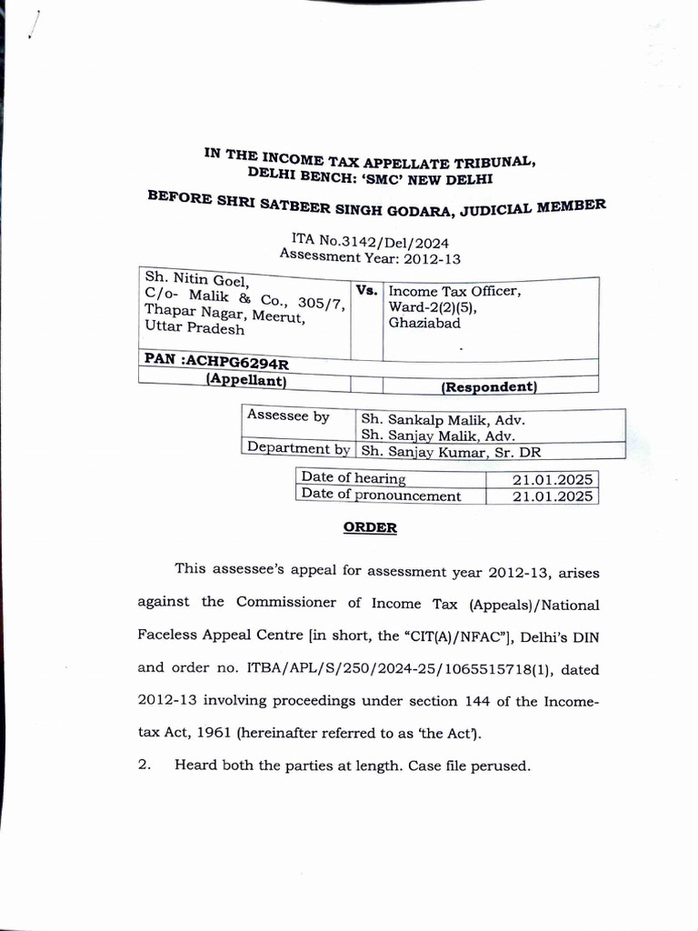 20250121 - ITAT Order (Nitin Goel) | PDF | Political Law | Public Law