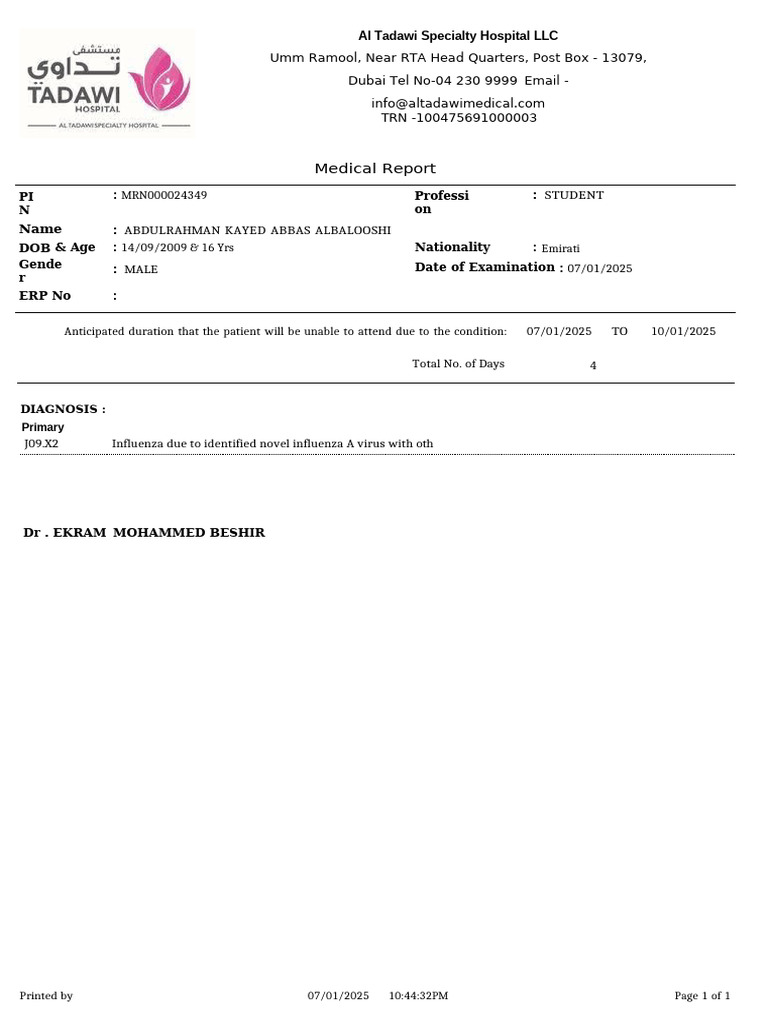 Abdulrahman Kayed Abbas Albalooshi Sick Leave | PDF
